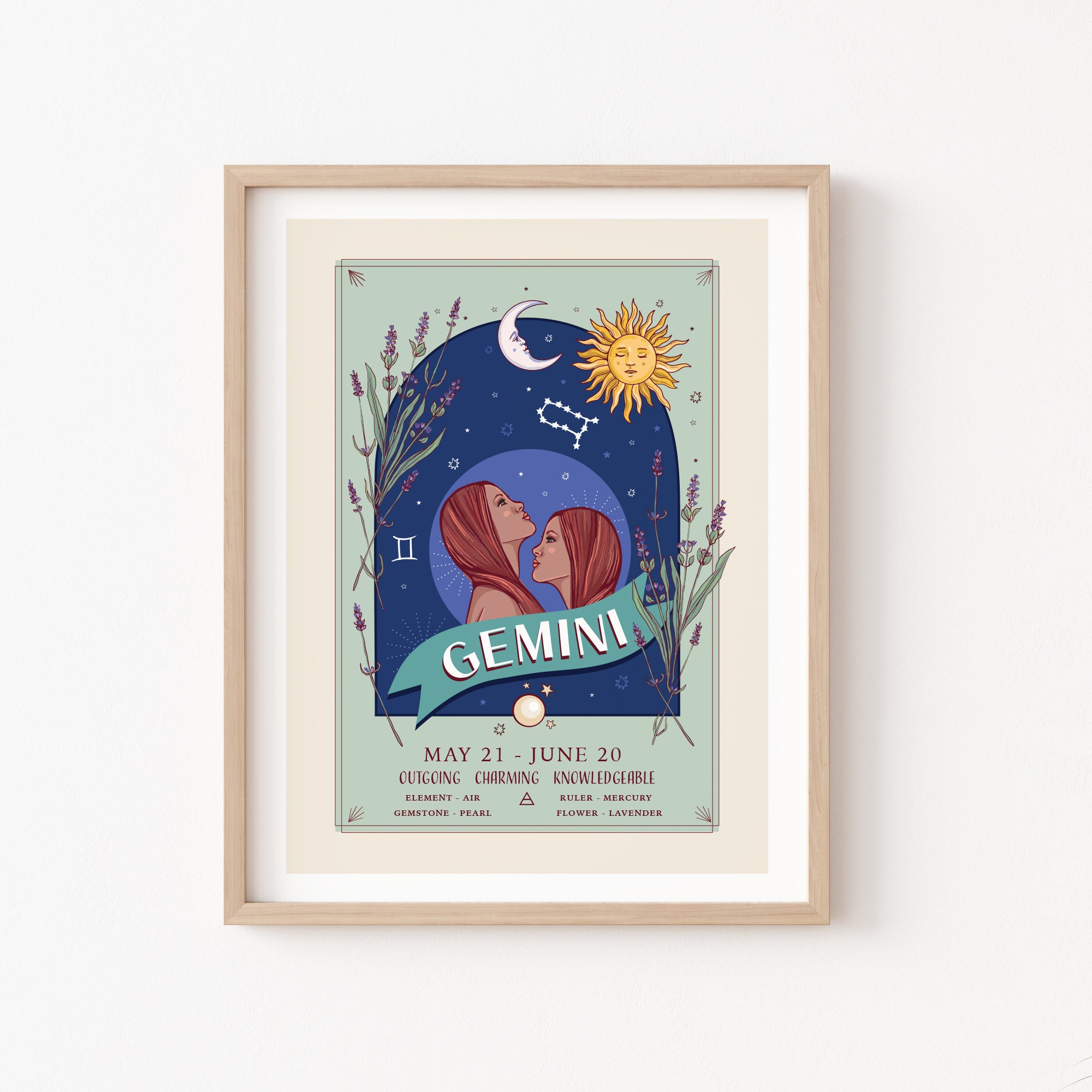 Gemini Wall Art Print Zodiac Sign and Flowers Illustration - Etsy UK