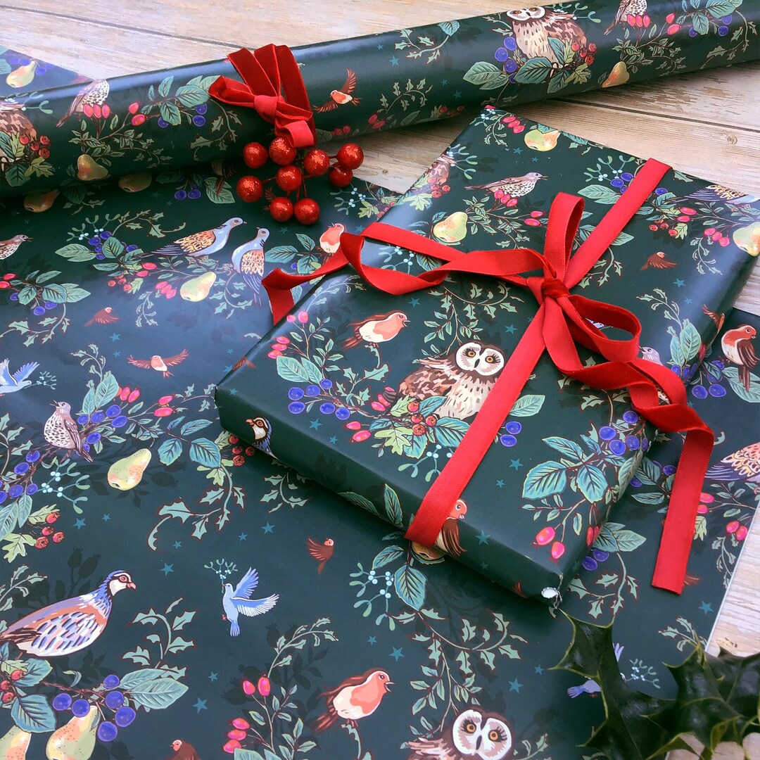 Woodland Birds Christmas Gift Wrap, Hand-drawn Festive Wrapping Paper ...