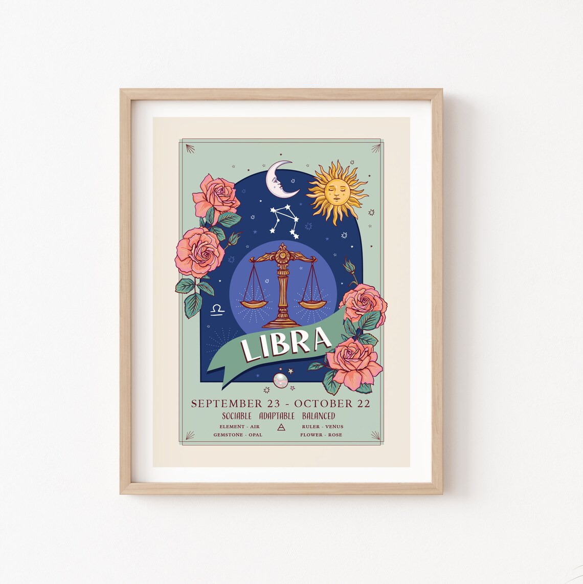 Libra Wall Art Print, Zodiac Sign and Flowers Illustration Print - Etsy