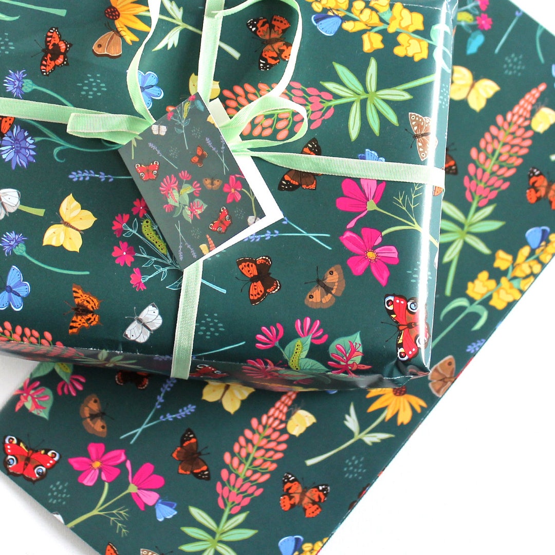 Butterflies and Garden Flowers Gift Wrap With Tag, Butterfly Wrapping ...