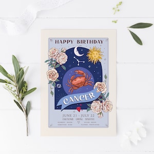 Cancer Birthday Card, Happy Birthday Zodiac Star Sign Large A5 Card - Etsy