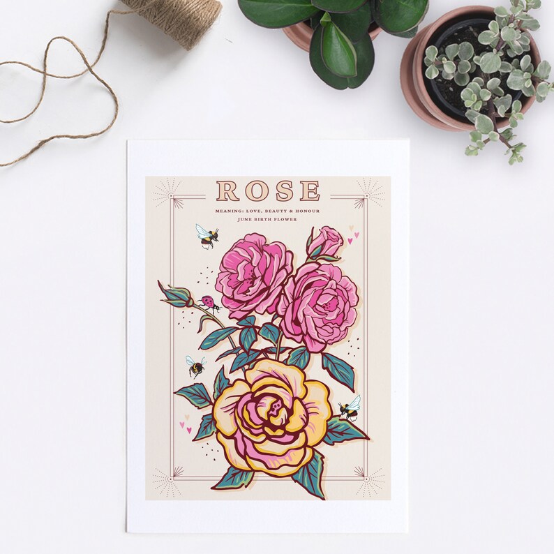 Rose Wall Art Print June Birth Flower Illustration Print | Etsy