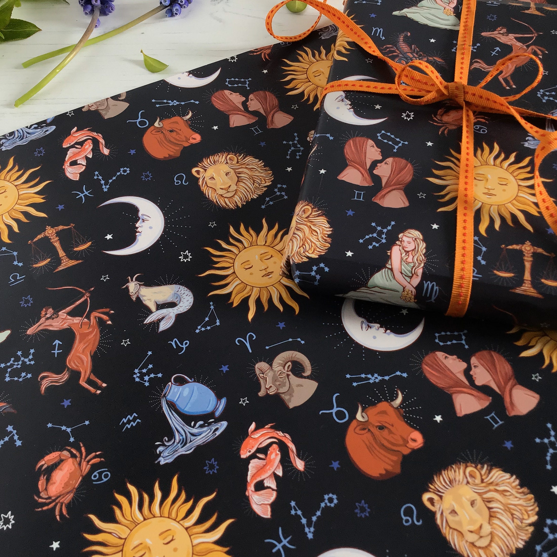 Zodiac Signs Gift Wrap with Tag of, Celestial Star Signs Wrapping Paper ...