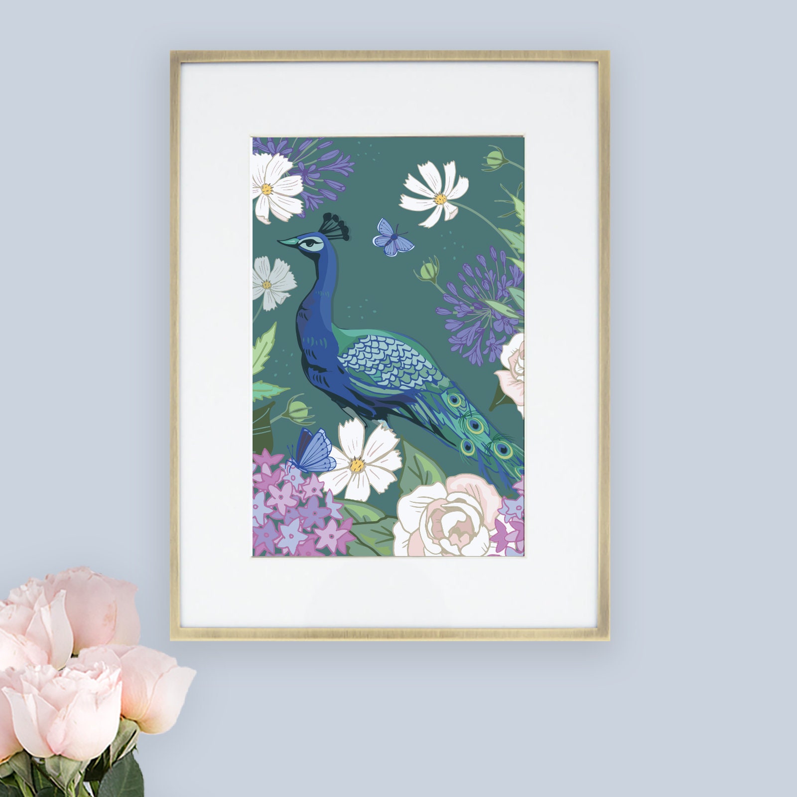 Peacock and Floral Illustration Print Botanical Wildlife Wall | Etsy