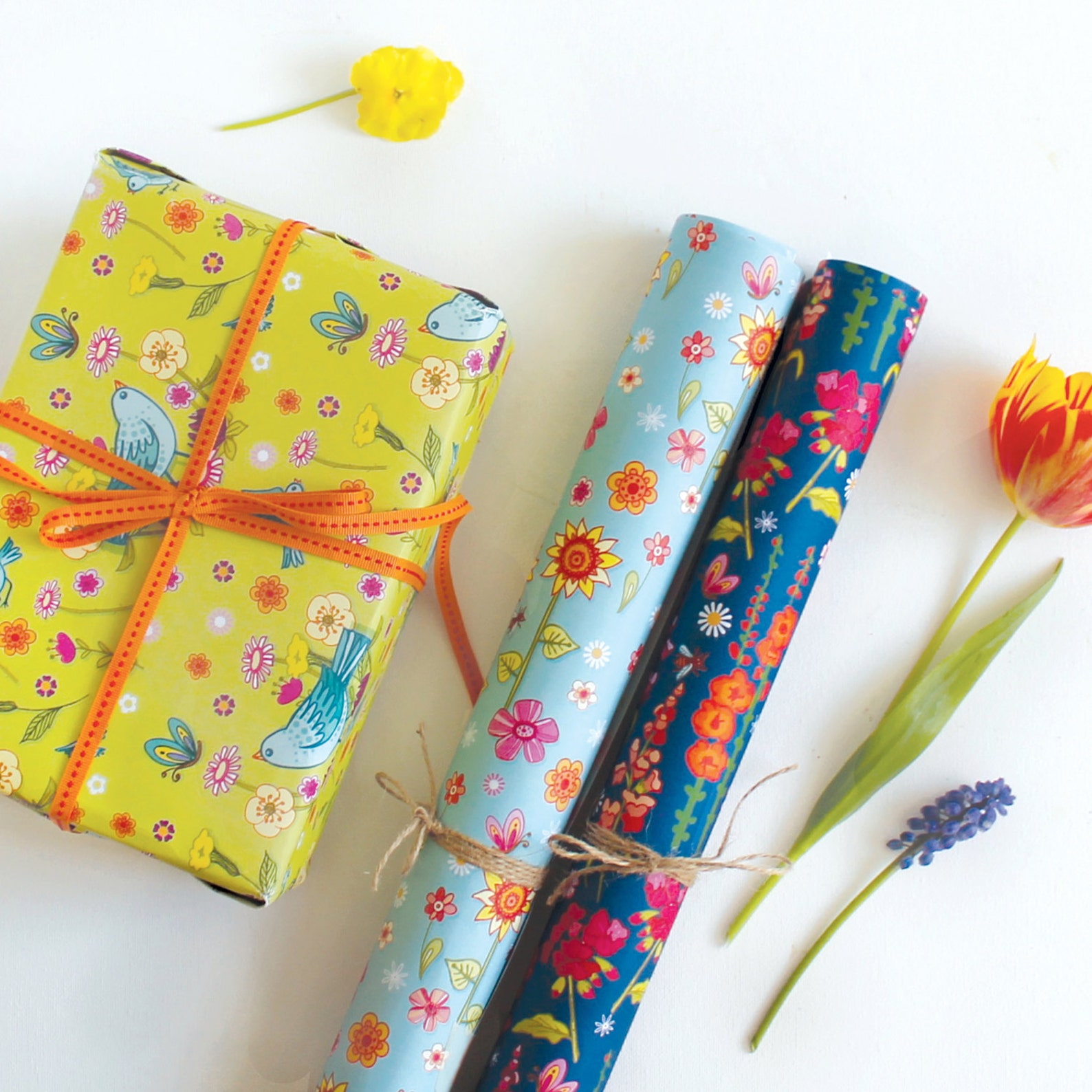 Chartreuse Gift Wrapping Paper With Bluebirds and Spring Flowers - Etsy