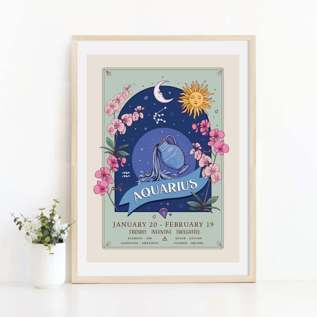 Aquarius Wall Art Print, Zodiac Sign and Flowers Illustration Print - Etsy