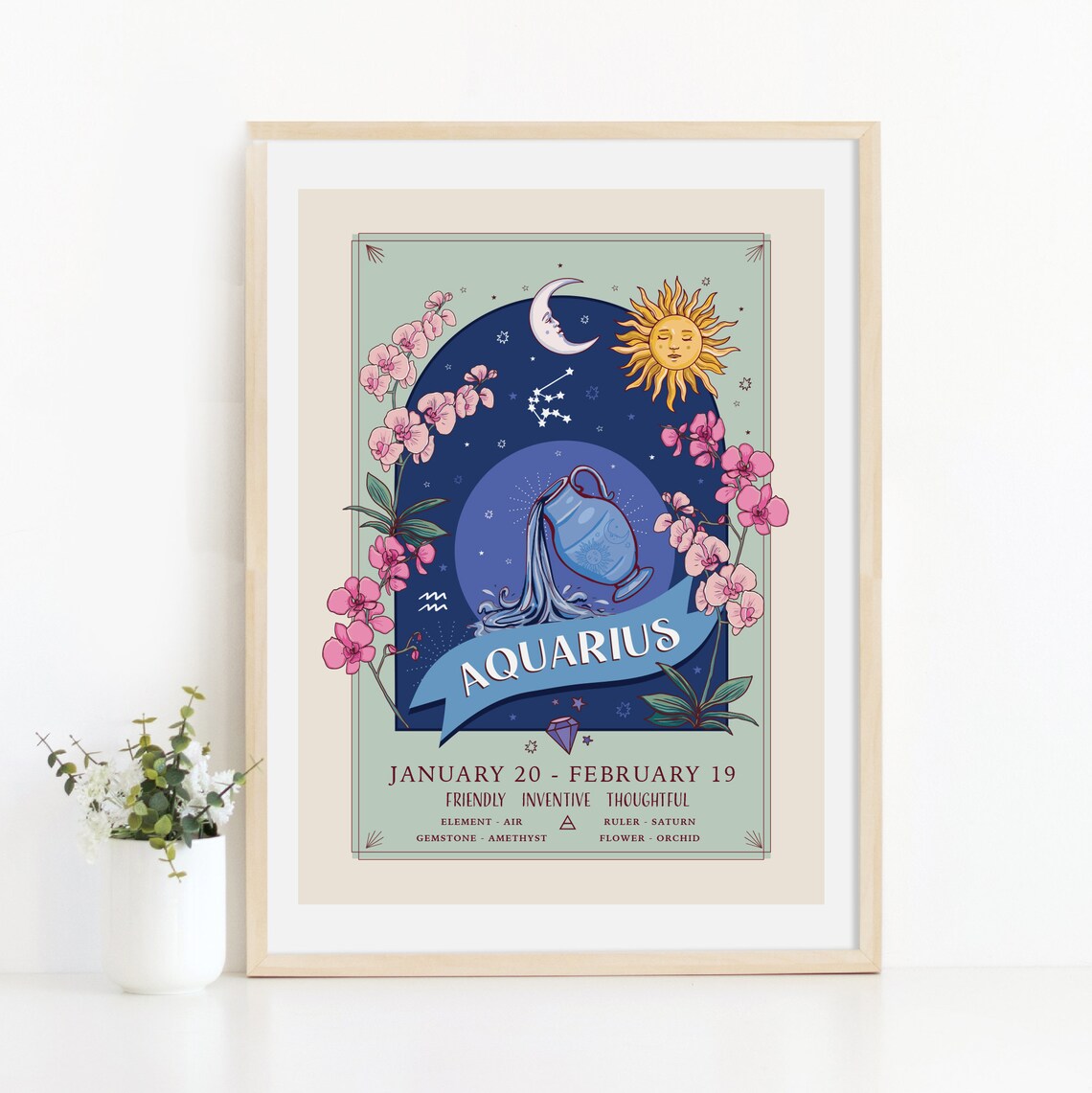 Aquarius Wall Art Print Zodiac Sign and Flowers Illustration - Etsy