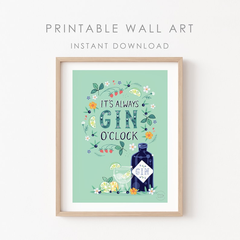 It's Always Gin O Clock Printable Wall Art in Mint Green - Etsy