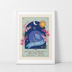 Aquarius Wall Art Print, Zodiac Sign and Flowers Illustration Print - Etsy