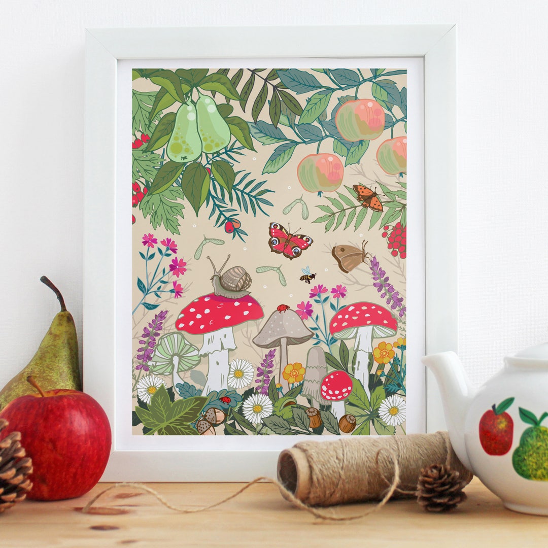 Woodland Toadstools and Wildlife Illustration Nursery Print, Nature ...