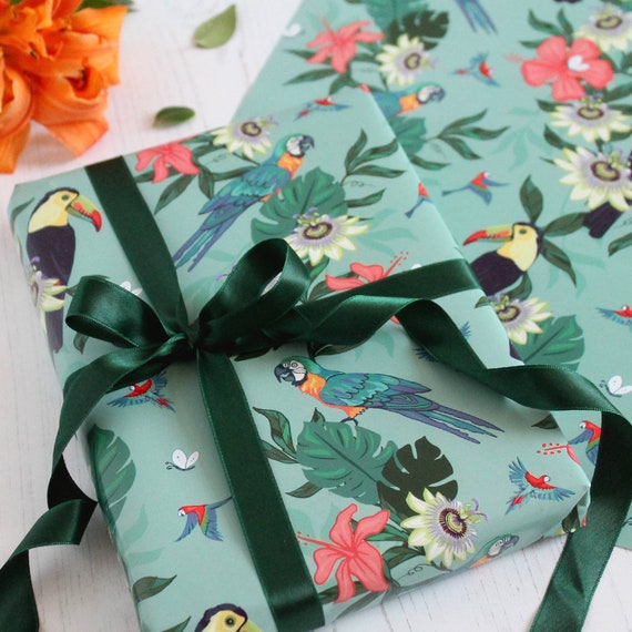 Toucan and Parrot Gift Wrap With Tag of Tropical Birds and | Etsy UK