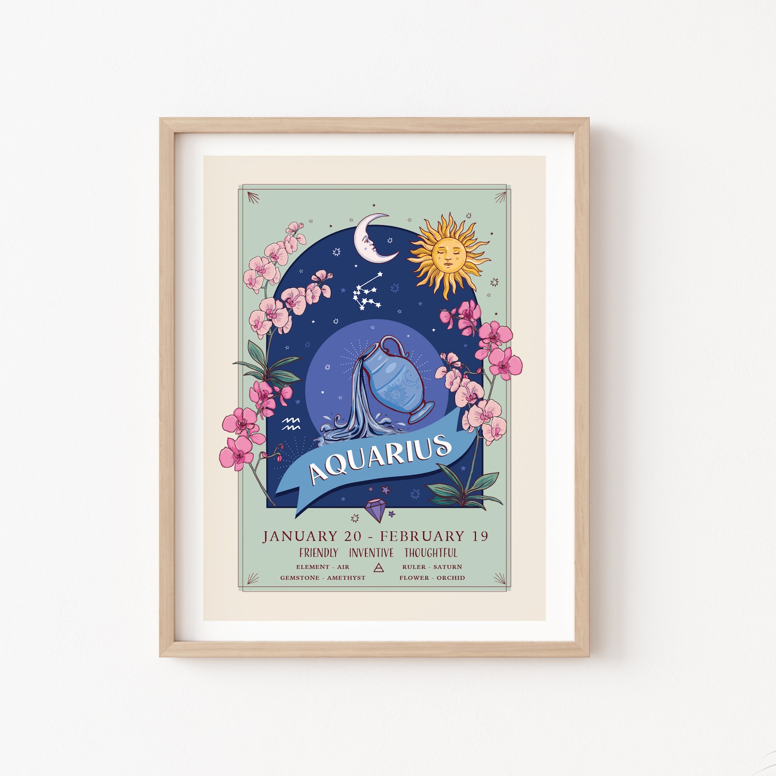 Aquarius Wall Art Print Zodiac Sign and Flowers Illustration - Etsy