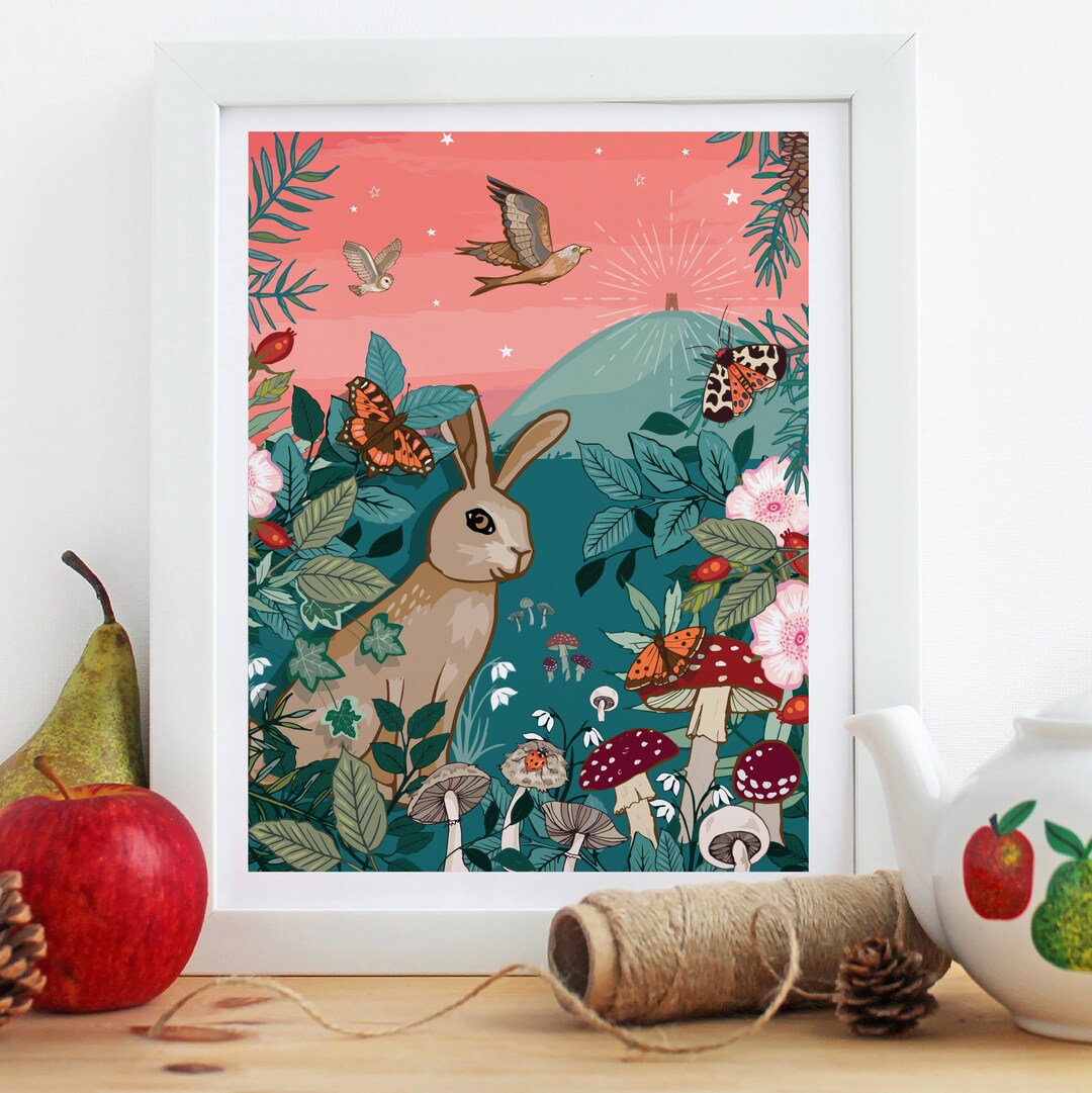 Hare and Glastonbury Tor Art Print: Woodland Wildlife Illustration - Etsy