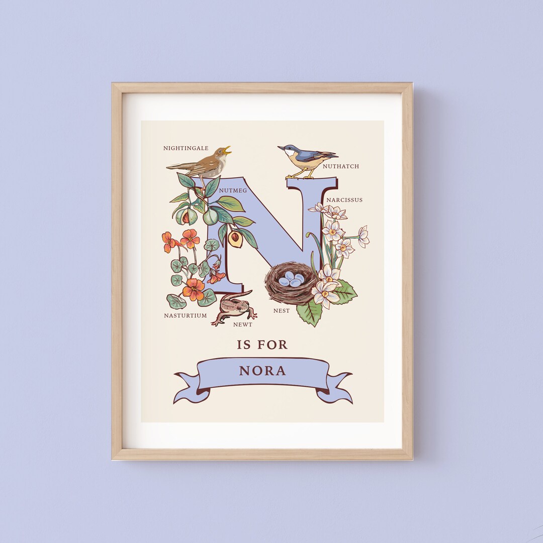 Personalised Letter N Print, Initial N Wall Art, Nature Guide Monogram ...