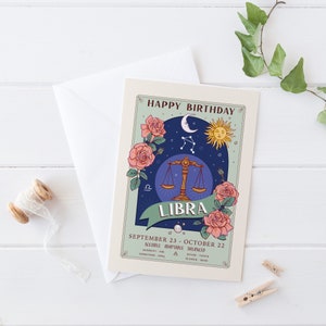 Libra Birthday Card, Happy Birthday Zodiac Star Sign Large A5 Card ...