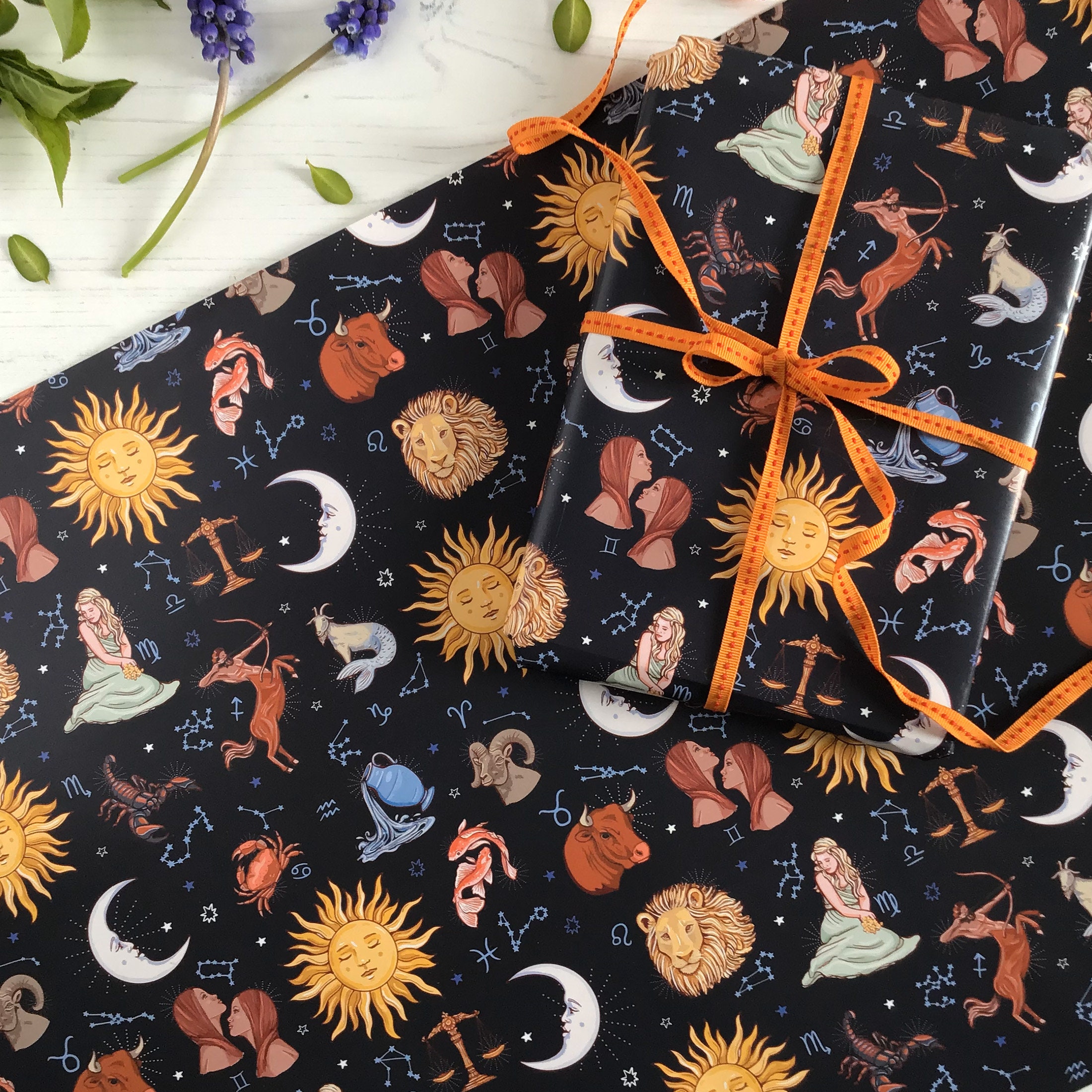 Zodiac Signs Gift Wrap with Tag of, Celestial Star Signs Wrapping Paper ...