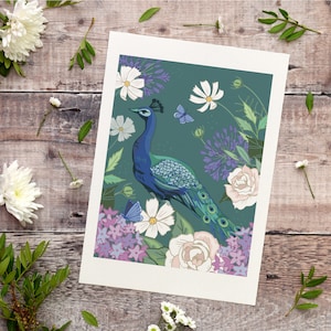 Peacock and Floral Illustration Print, Botanical Wildlife Wall Art - Etsy