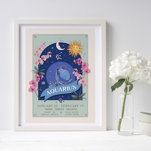 Aquarius Wall Art Print, Zodiac Sign and Flowers Illustration Print - Etsy