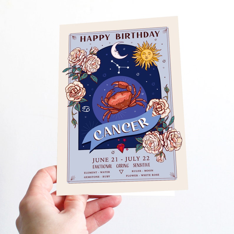 Cancer Birthday Card Happy Birthday Zodiac Star Sign Large A5 - Etsy