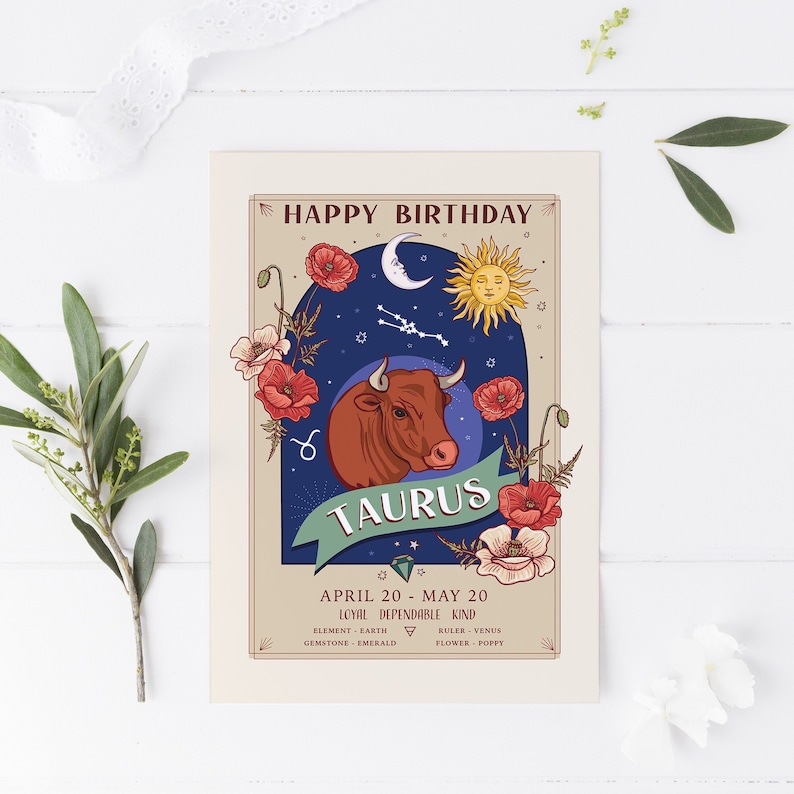 Taurus Birthday Card: Zodiac Star Sign, Poppy Flowers (A5 Card) - Etsy