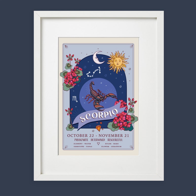 Scorpio Wall Art Print, Zodiac Sign and Flowers Illustration Print - Etsy
