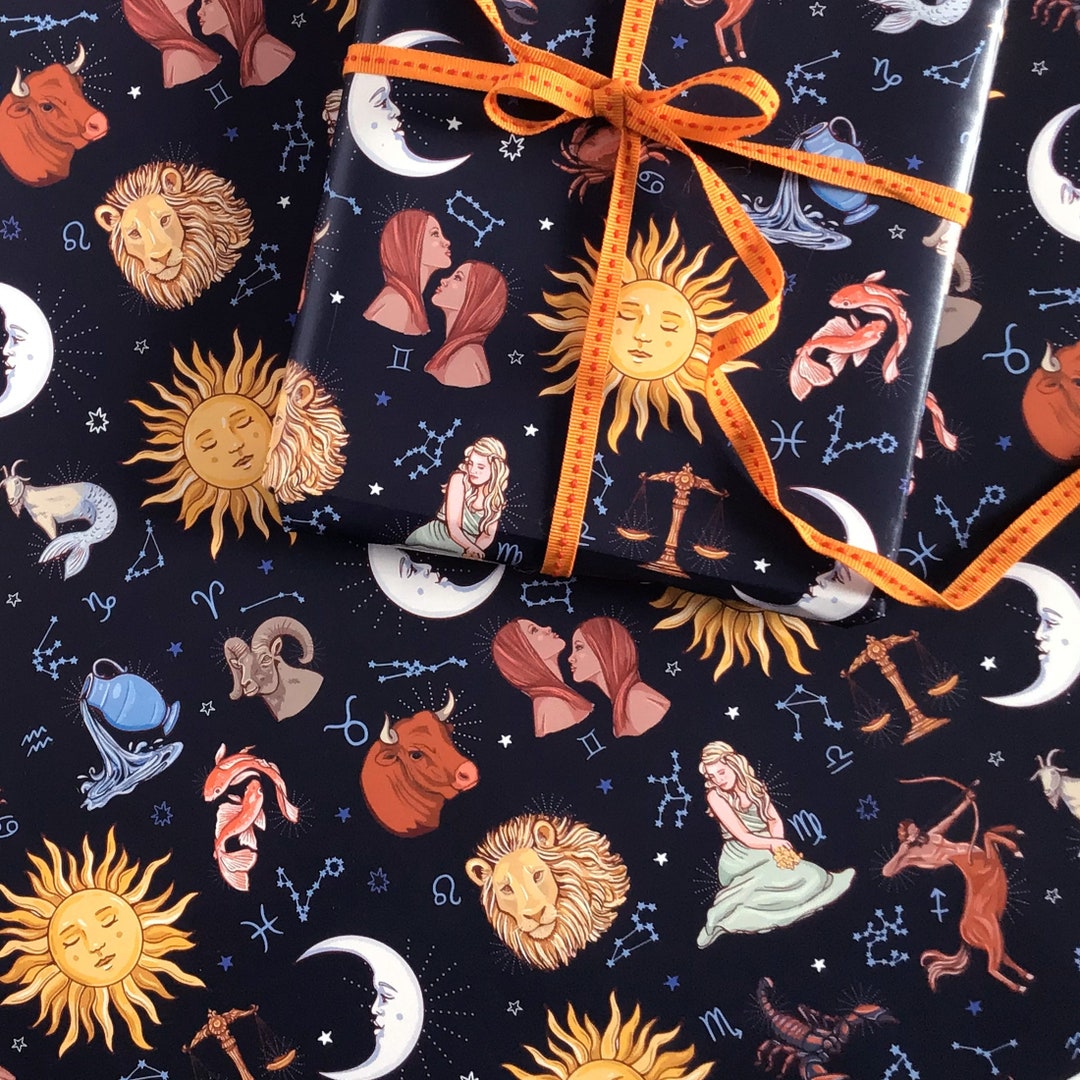 Zodiac Signs Gift Wrap With Tag Of, Celestial Star Signs Wrapping Paper ...