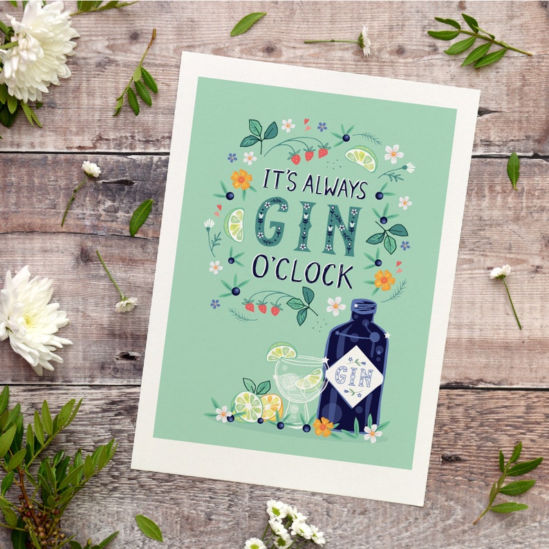 It's Always Gin O Clock Printable Wall Art in Mint Green - Etsy