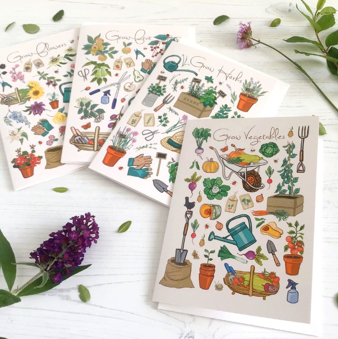 Set of 4 Gardening Cards, Grow a Garden Notecard Pack - Etsy