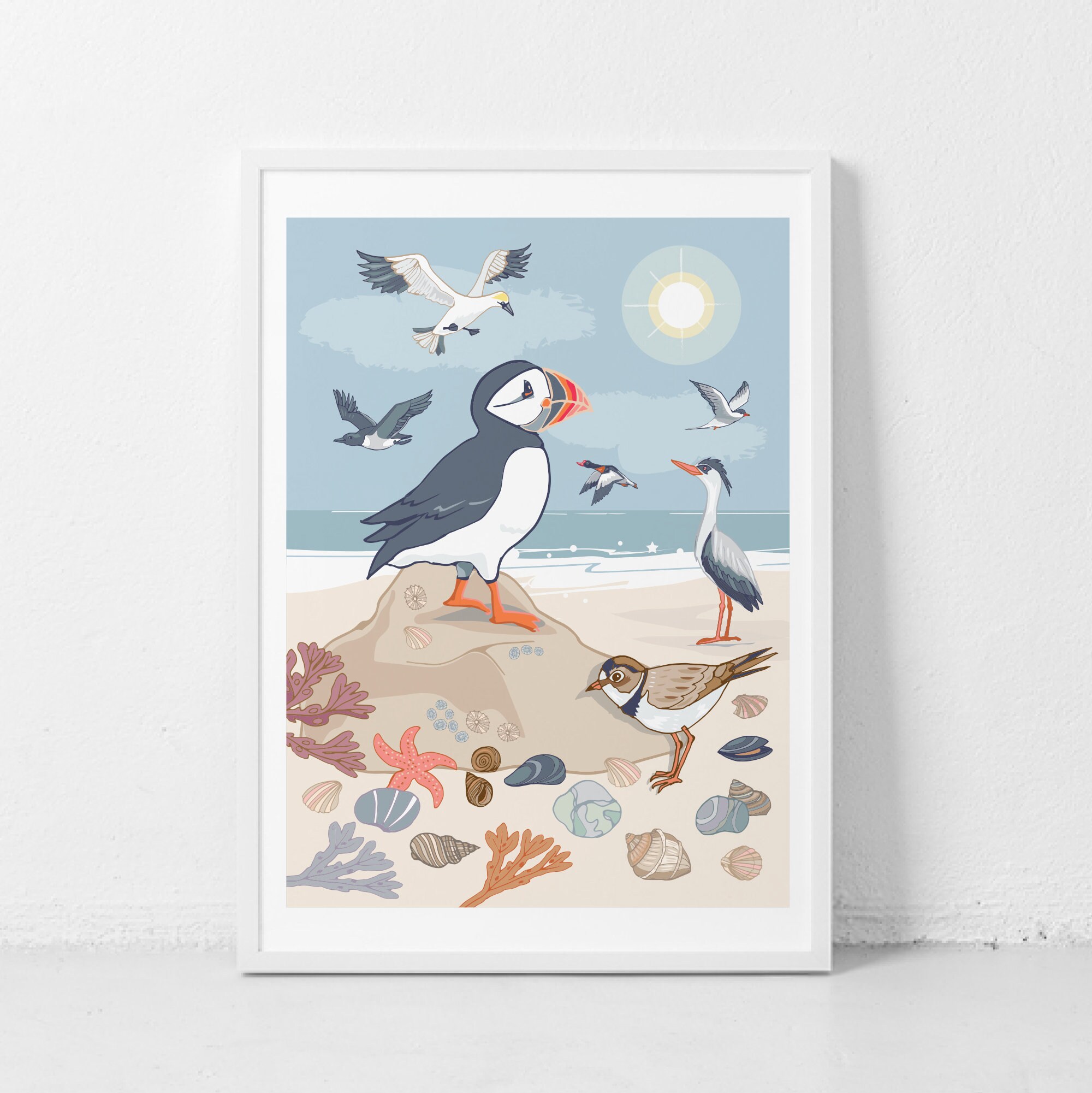 Puffin and Seabirds Wall Art Print, Coastal Birds Illustration Print - Etsy