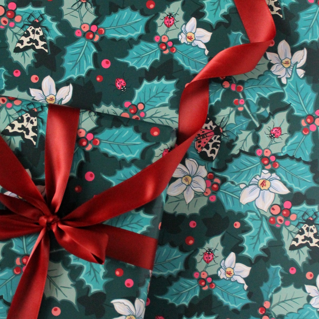 Holly Christmas Gift Wrap With Tag, Holly, Narcissus and Tiger Moths ...