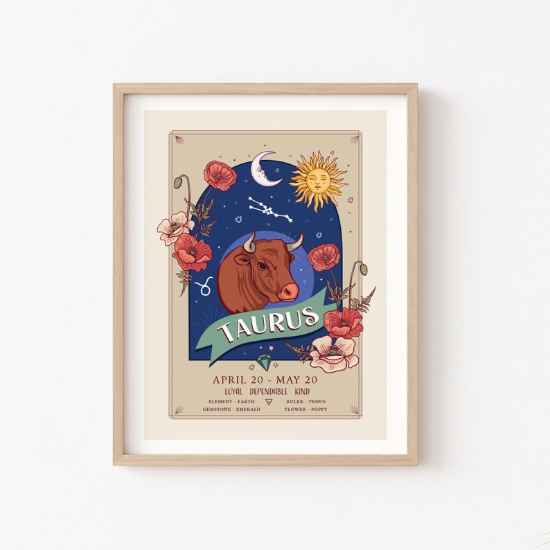 Taurus Wall Art Print, Zodiac Sign and Flowers Illustration Print - Etsy