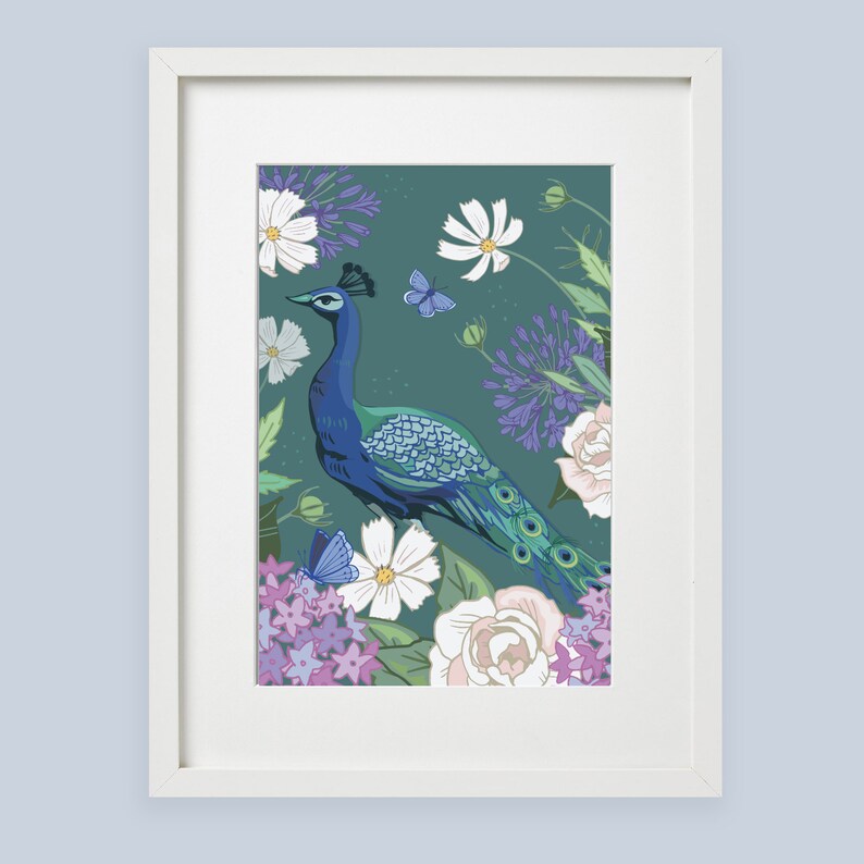 Peacock and Floral Illustration Print Botanical Wildlife Wall - Etsy