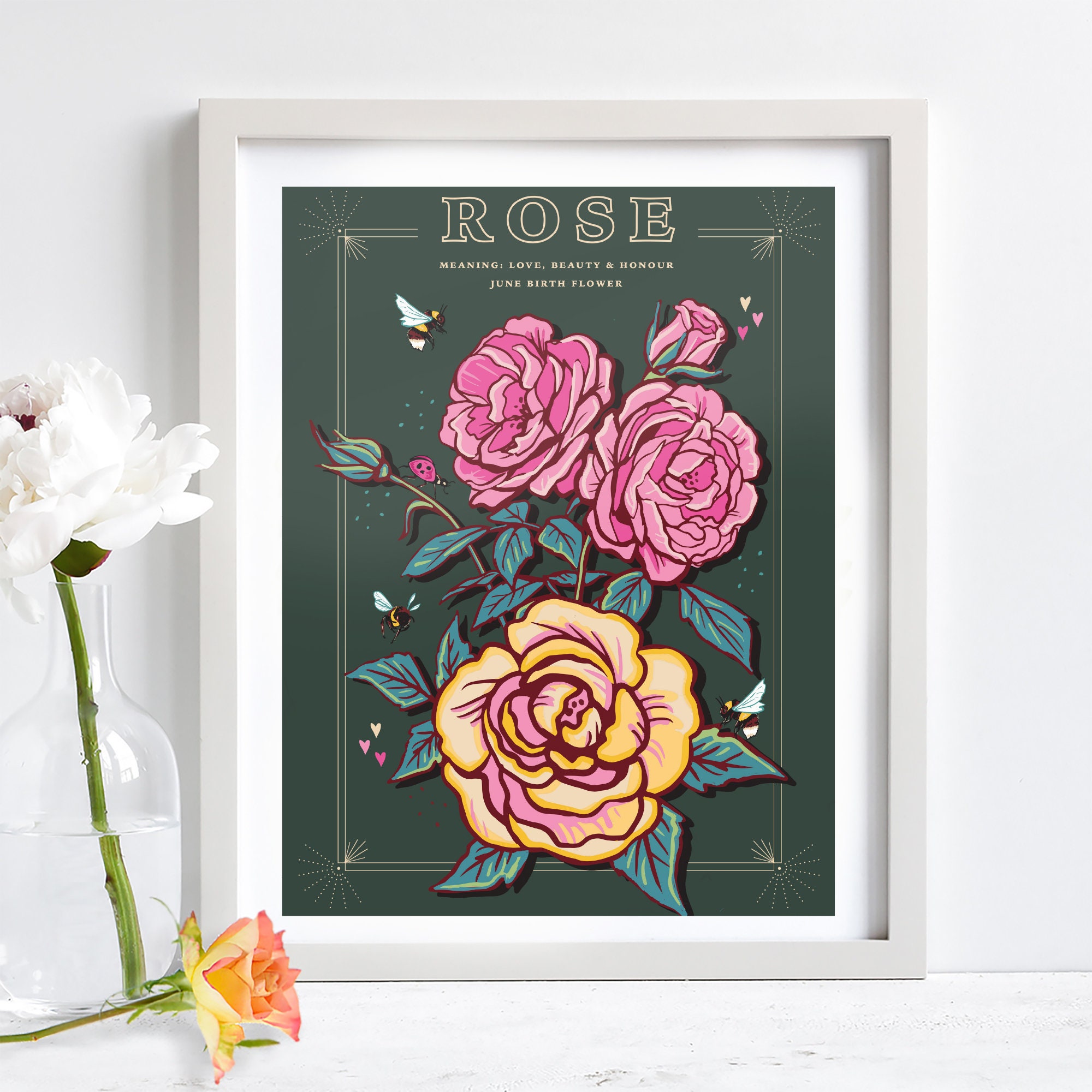 Rose Wall Art Print June Birth Flower Illustration Print - Etsy UK