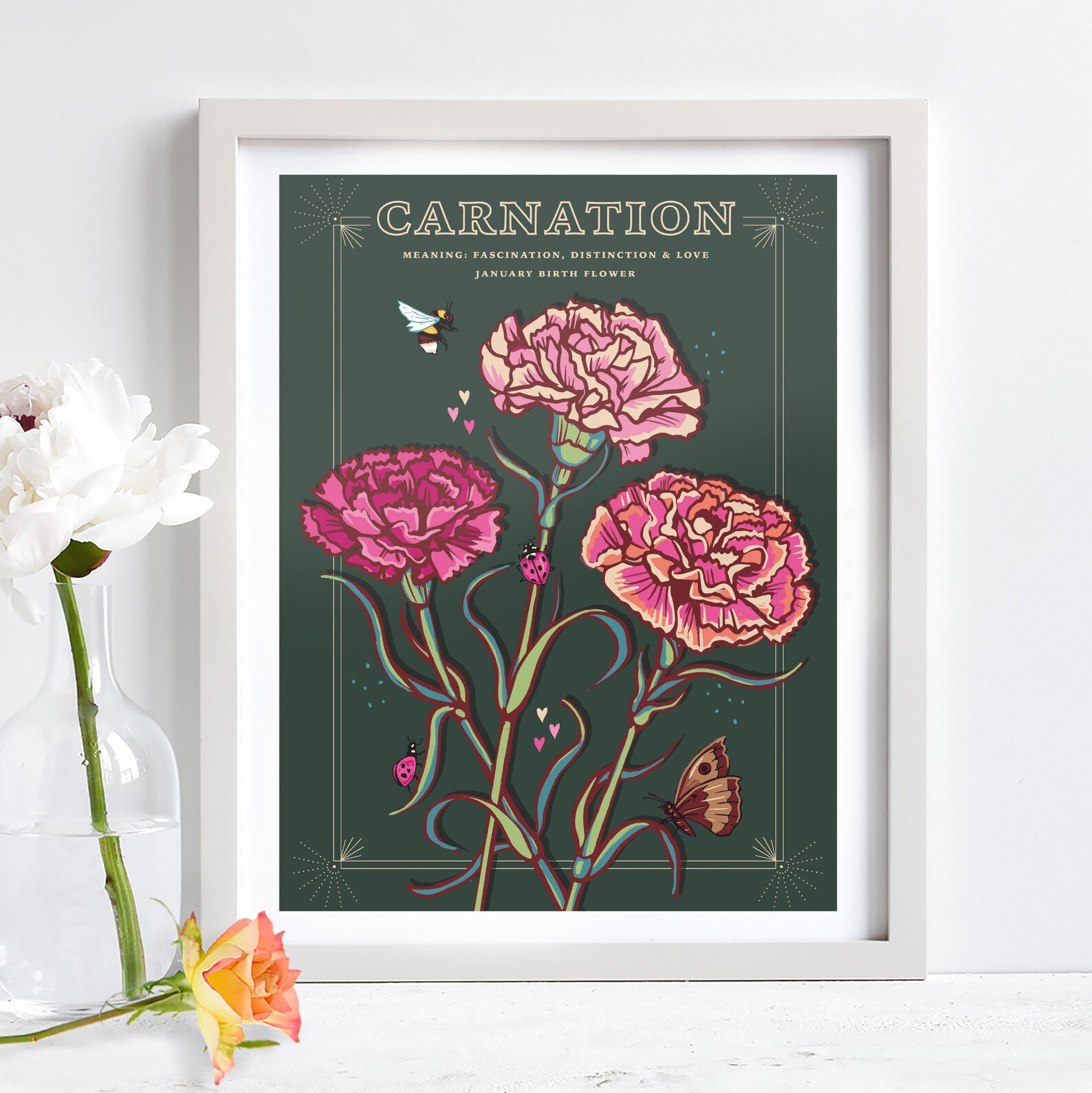 Carnations Wall Art Print January Birth Flower Illustration - Etsy