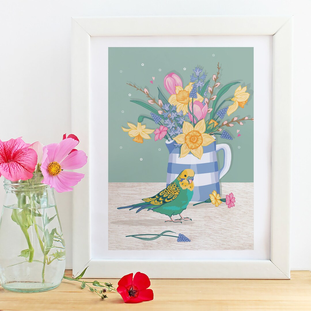 Budgie and Spring Flowers in a Cornish Jug Wall Art Print, Budgie and ...