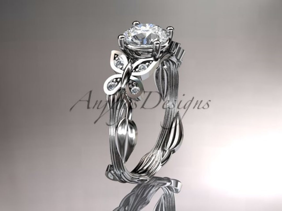 Unique Butterfly Engagement Ring 14k White Gold Nature Inspired Wedding ...