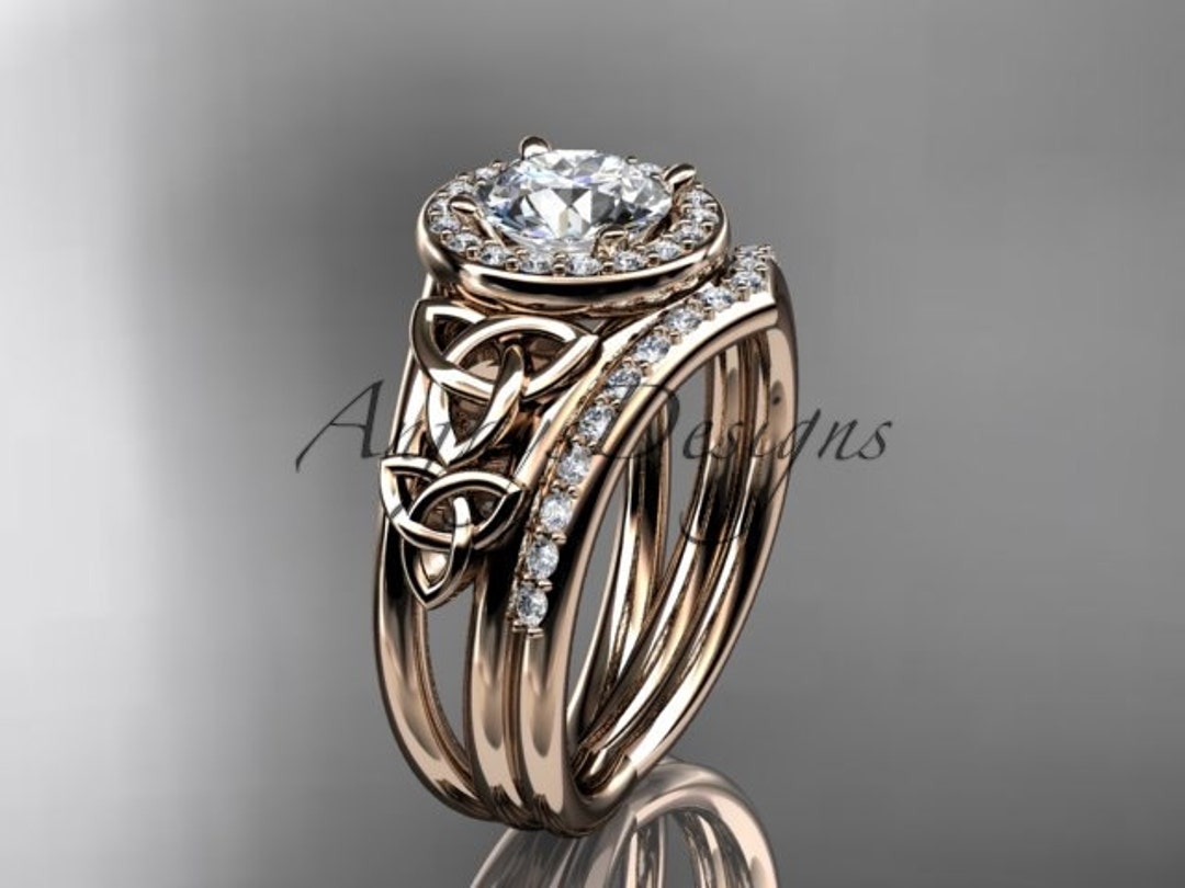 Charles & Colvard Moissanite Halo Wedding Ring Set 14k Rose Gold Celtic ...