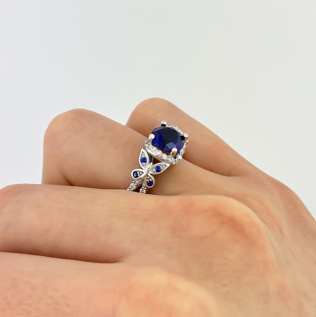 Blue Sapphire Butterfly Engagement Ring 14k White Gold Ring Diamond ...