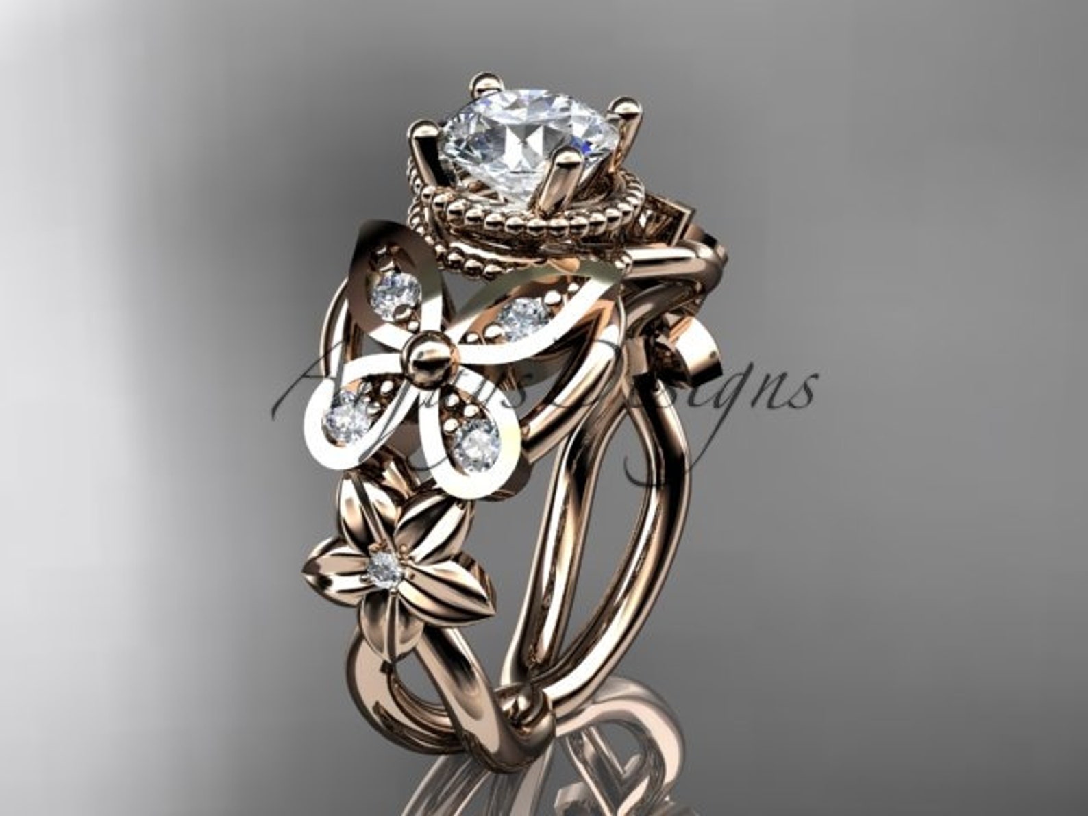 Women's Diamond Butterfly Engagement Ring 14k Rose Gold - Etsy