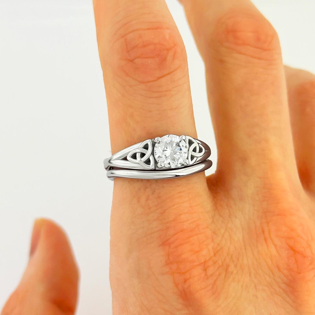 Celtic Bridal Set 1 Carat Lab Grown Diamond 14k White Gold Ring Unique ...