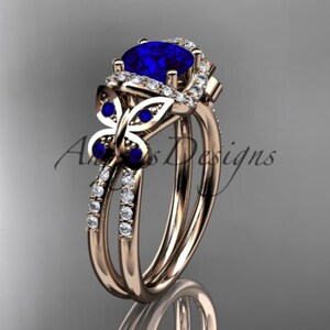 Blue Sapphire Butterfly Engagement Ring 14k White Gold Ring Diamond ...
