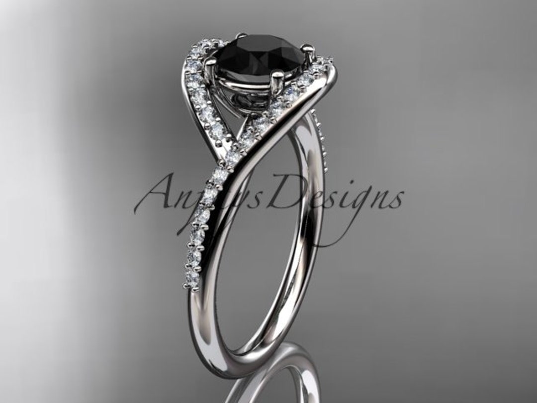 Solitaire Black Diamond Engagement Ring 14k White Gold Art Deco Unique ...