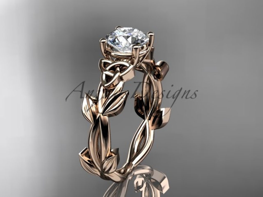 Unique Rose Gold 14k Celtic Engagement Ring Leaves Vine White Sapphire ...