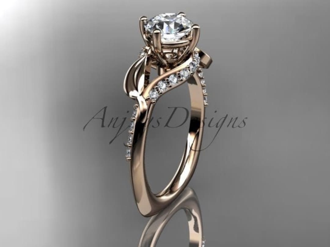 Leaf Vine Wedding Ring 14k Rose Gold Sapphire Unique Thin Engagement ...