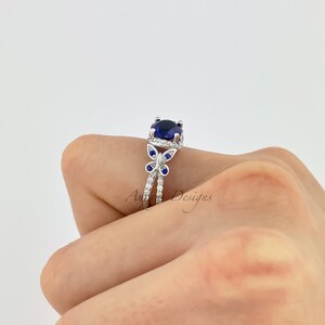 Blue Sapphire Butterfly Engagement Ring 14k White Gold Ring Diamond ...
