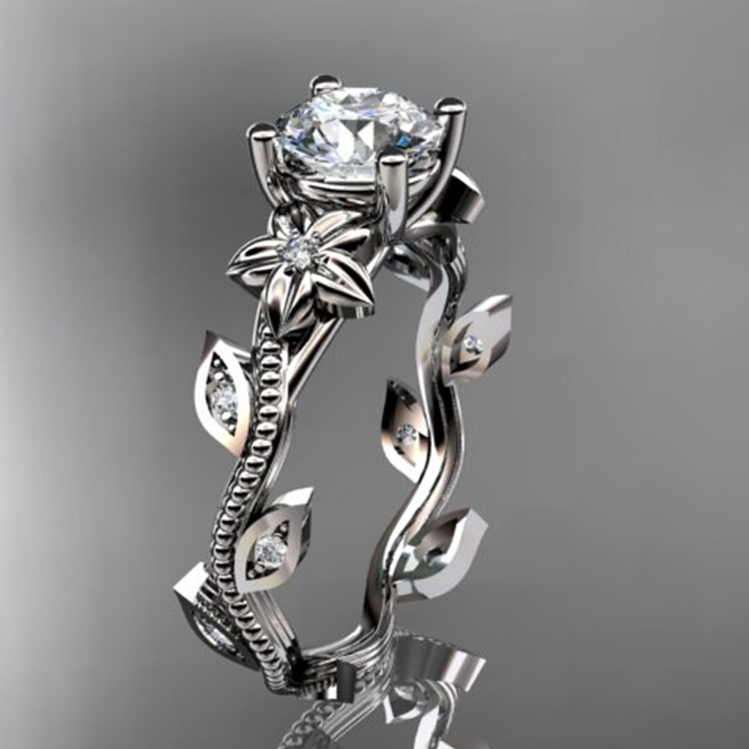 Nature Inspired Diamond Engagement Ring 14k White Gold Lab Grown 1 CT ...