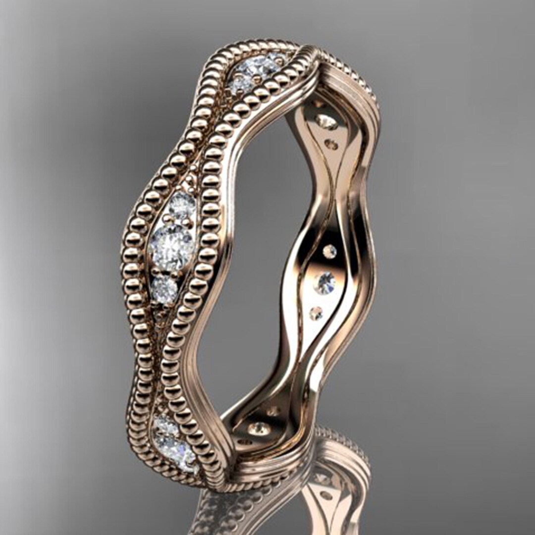 Women's Beaded Wedding Band 14k Solid Rose Gold Diamond Ring ...