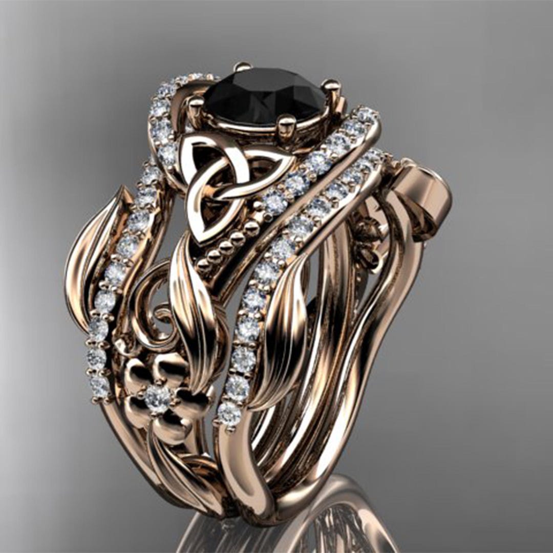 Celtic Bridal Set Black Diamond Nature Inspired Engagement Set 14k Rose ...