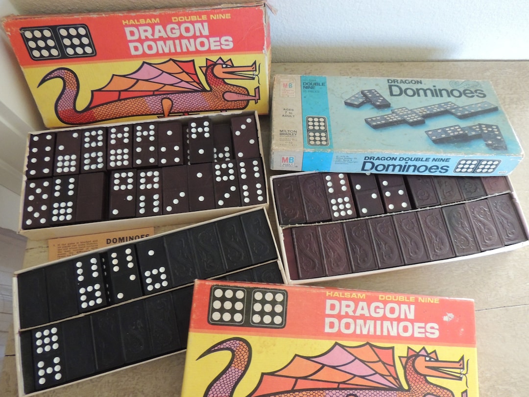 163 WOODEN DOMINOES DRAGON Design Midcentury Double Nine Dominoes Made ...