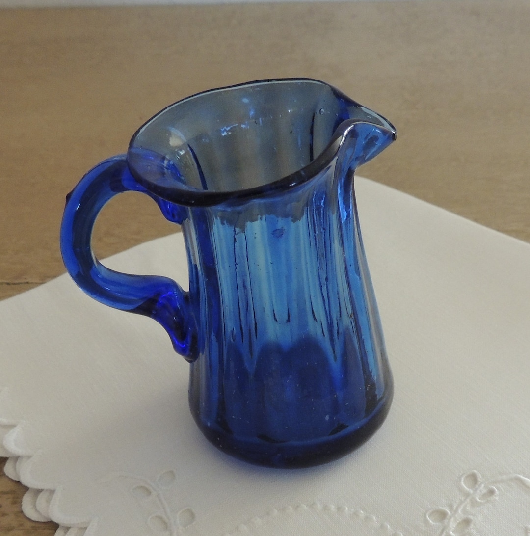 BLUE GLASS MINI Pitcher Vintage Blown Glass Pitcher 3" Tall Perfect for ...